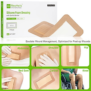 Silicone Foam Dressing with Gentle Border for Post-op Surgical Wounds 4''x8'', Absorbent Pad 2''x6'', Pack of 5, Silicone Wound Bandages for Cuts, Abrasions, Bed Sore, Pressure Ulcer