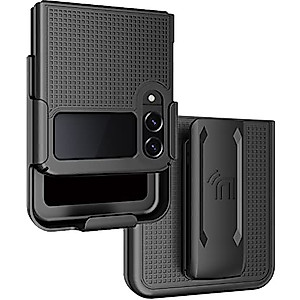 Case with Clip for Galaxy Z Flip 4 5G, Nakedcellphone [Grid Texture] Slim Hard Shell Cover and [Rotating/Ratchet] Belt Hip Holster Holder Combo for Samsung Z Flip4 Phone (SM-F721U, 2022) - Black