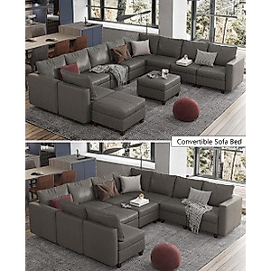 EASE MOOSE Convertible Modular Couch U Shaped Sofa with Storage Seat, Faux Leather Modular Sectional Sofa Oversized Sleeper Sofa with Reversible Chaises, Grey