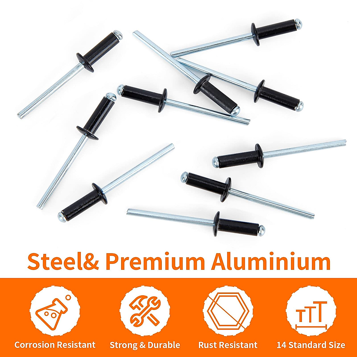 600pcs Pop Rivets Assortment Kit, 14 Sizes Aluminum Rivets 3/32" 1/8" 5/32" 3/16", Assorted Black Rivets with Reinfored Divider and Labeled Case (Black)