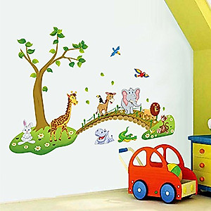 decalmile Jungle Animals Tree Wall Stickers Lion Giraffe Elephant Walking on Bridge Wall Decals Kids Room Baby Room Nursery Bedroom Wall Decor(Finished Size: 48.8 Inch x 31 Inch)