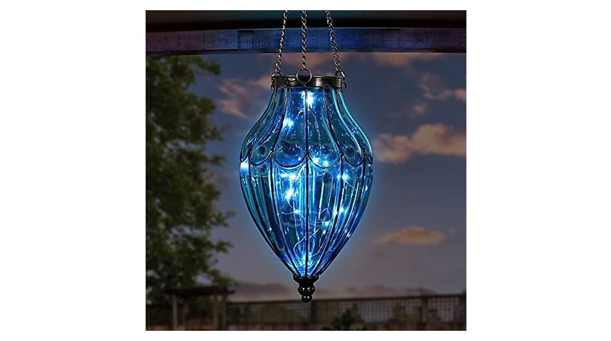 Exhart Blue Glass Solar Garden Lantern | 15 LED Lights