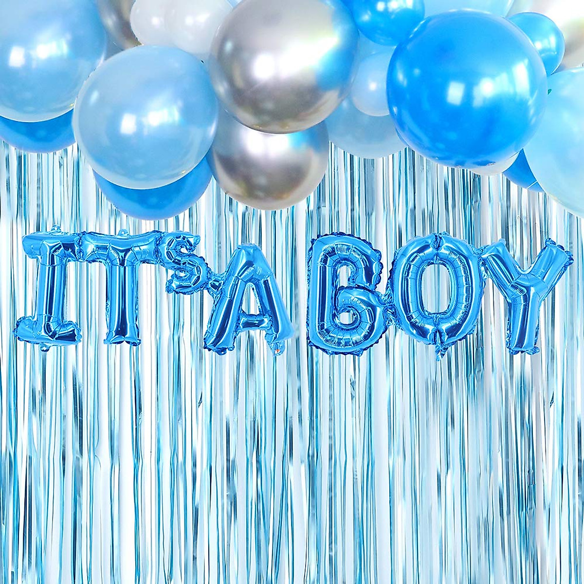Blue Metallic Fringe Curtains & It's A Boy Foil Balloon Kit- Baby Shower Decorations Blue Wall Decoration Pastel Blue Photo Prop Backdrop Boys Birthday Party (Blue, Pack of 2)