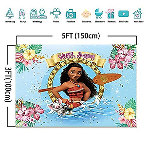 Summer Beach Baby Moana Theme Backdrops Pink Flowers Blue Water Girls 1St Birthday Party Photography Background Baby Shower Moana Cake Table Decoration Banner Photo Studio Props 5x3ft