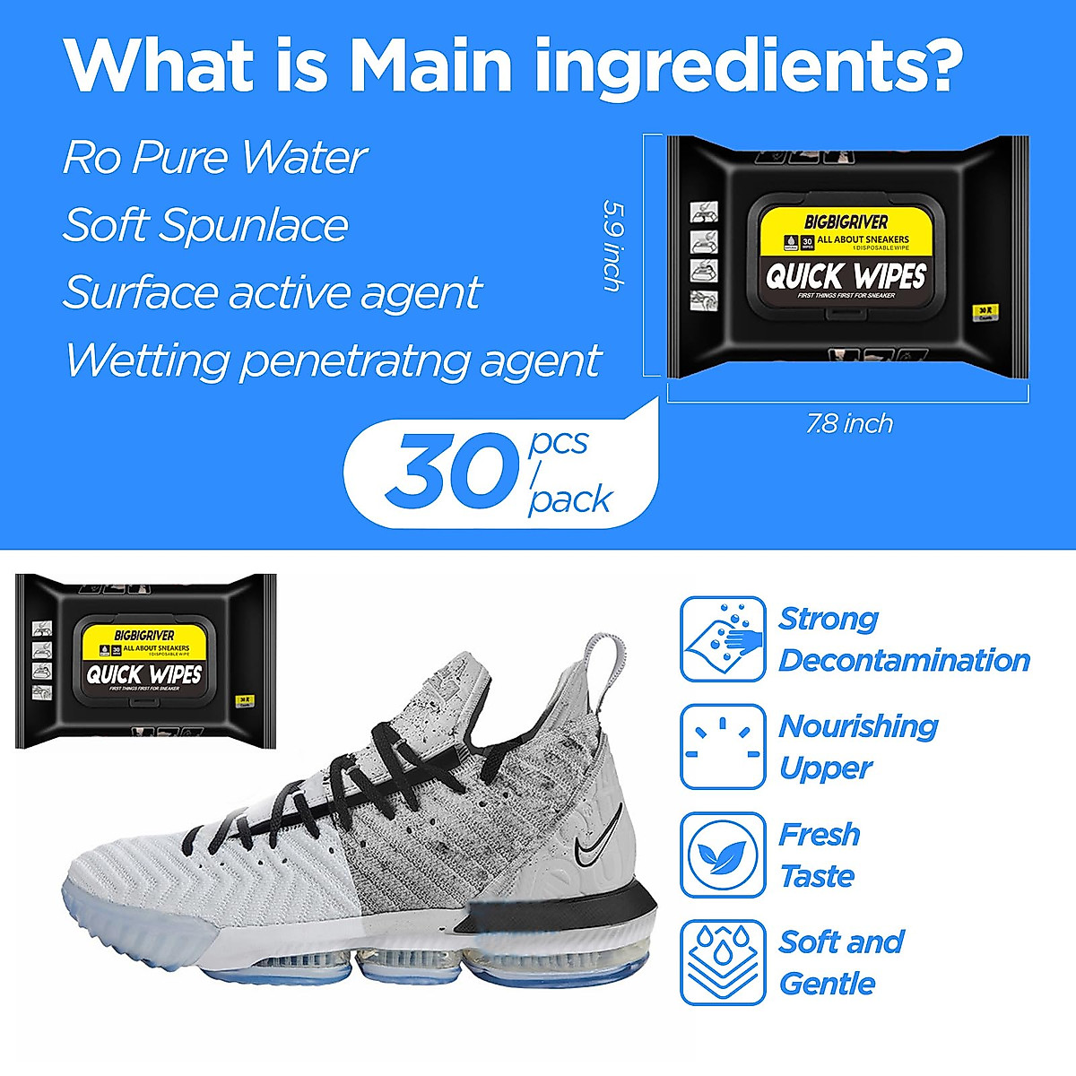 BIGBIGRIVER Shoe wipes 2 Pack 60 Pcs Sneaker Wipes Cleaner Quick Wipes Travel Portable Removes Dirt, Stains