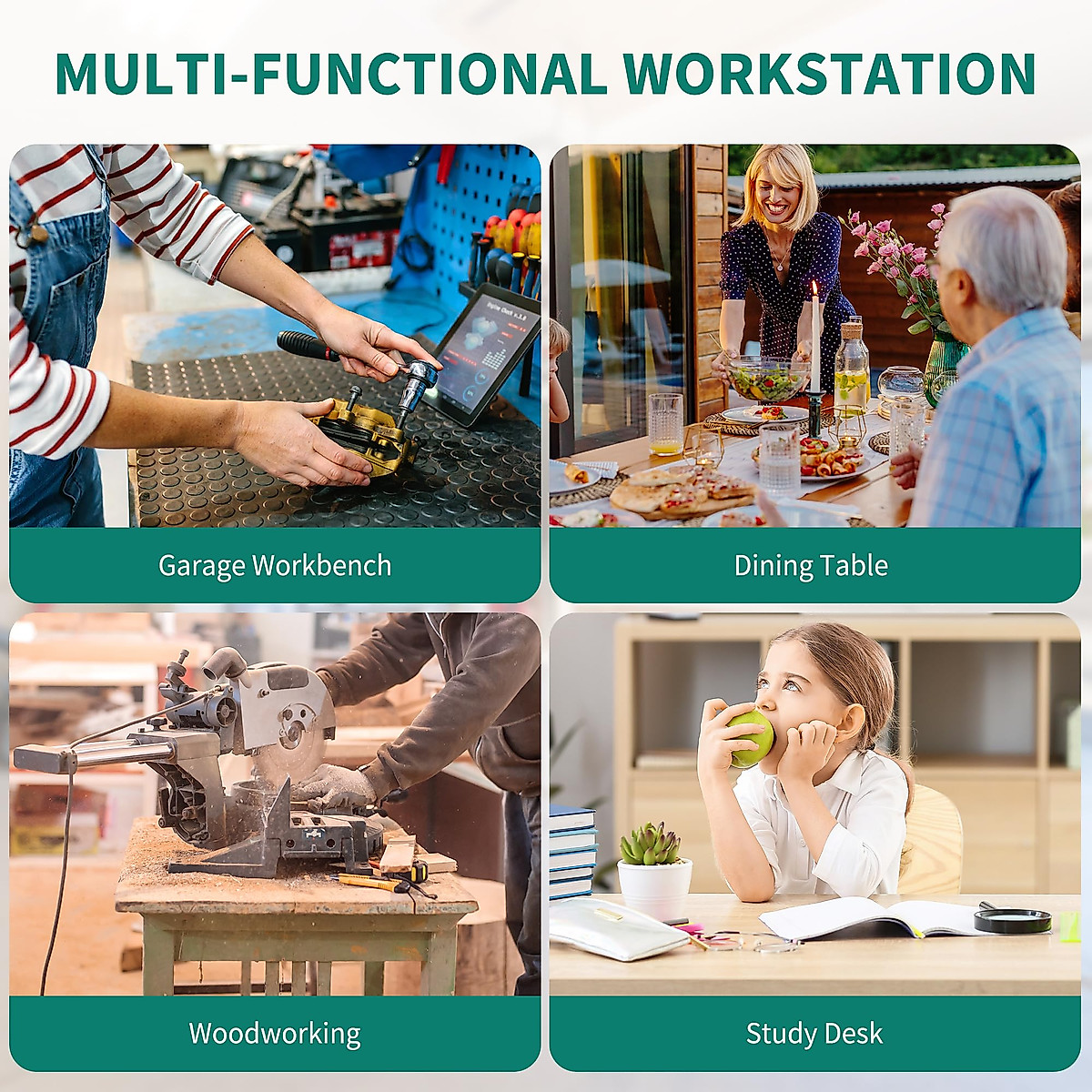 YITAHOME Work Bench 60" L X 20" W Adjustable Workbench for Garage W/Pegboard & Power Outlets Hardwood Top Heavy-Duty Workstation, 1600 LBS Load Capacity with Wheels for Workshop, Office, Home Outdoor