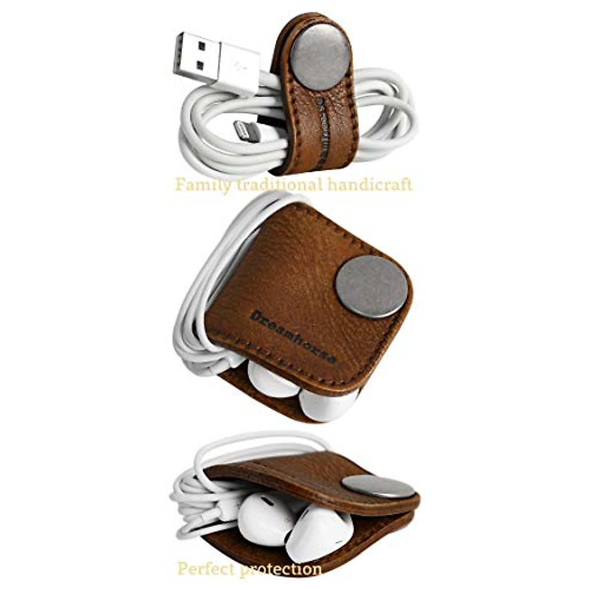 ELFRhino Earphone Organizer Genuine Leather Headphone Headset Earbuds Cord Wrap Winder Cord Manager Cable Winder Holder Keeper Manager Management(Coffee, Pack of 2)