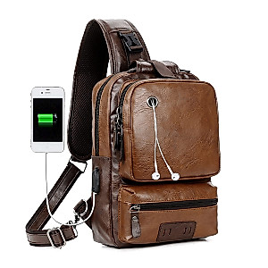 Small Brown Sling Crossbody Backpack Shoulder Bag for Men Women Vintage PU Leather CrossBody One Strap Casual Sling Backpack Cycling USB Charger
