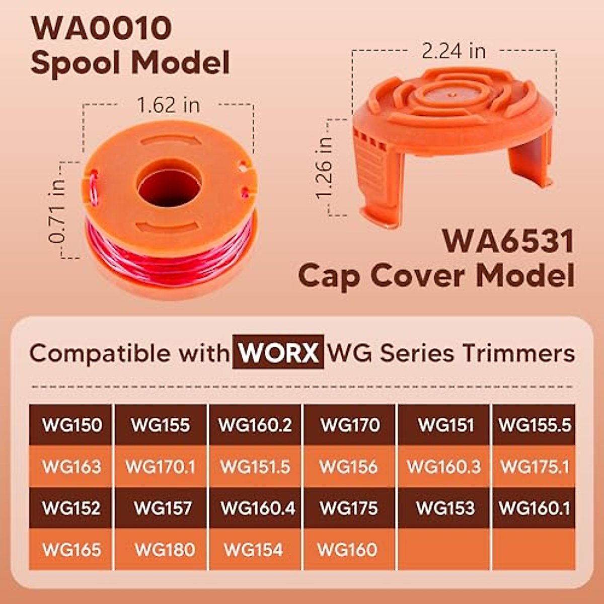 PETOX WA0010 Trimmer Line Spools Replacement for Worx Weed Eater, 0.065 inch Autofeed Trimmer Line String Refills Compatible with Worx Cordless String Trimmers (9 Line Spools+2 Cap)