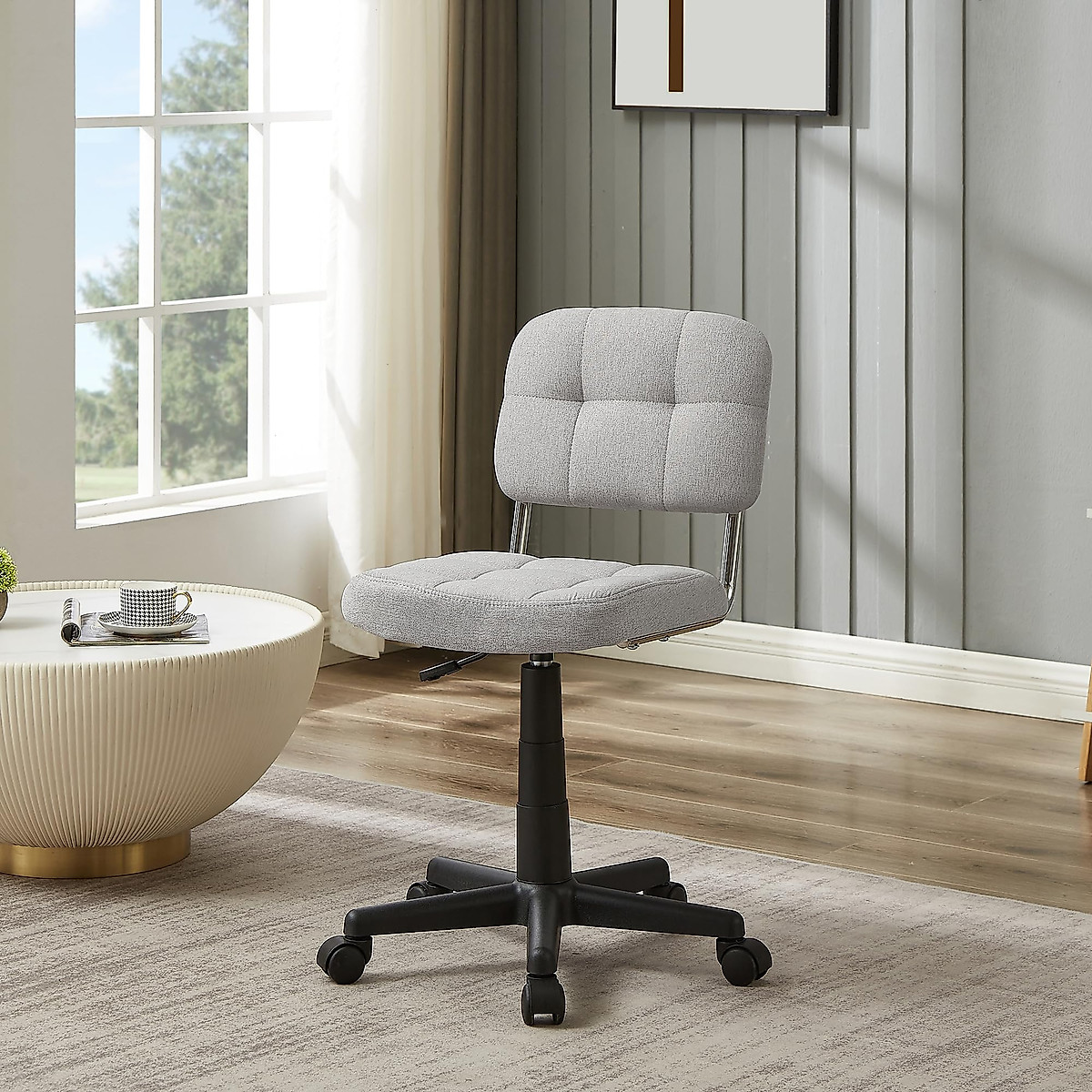VECELO Modern Armless Home Office Desk Chair, 360°Rolling Swivel Adjustable Height for Make Up/Bed Room/Small Space, Linen Fabric, Gray