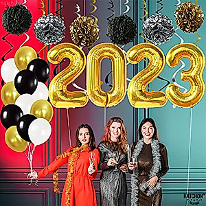 KatchOn, Graduation Balloons 2023 Set - Big 40 Inch, Pack of 43 | Gold 2023 Balloons Graduation, Pompoms and Hanging Swirls | Black and Gold Graduation Party Decorations 2023, Prom Decorations 2023