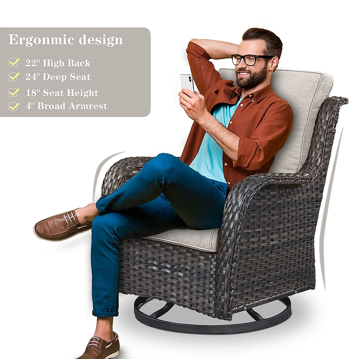 Outdoor Furniture Sectional Sofa L Shaped Couch - Patio Wicker Set with 2 Swivel Glider Chairs, 5 Piece Rattan Patio Conversation Sets with Beige Cushion for Deck Backyard Sunroom