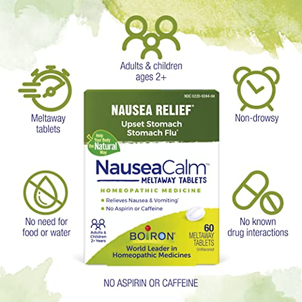 Boiron NauseaCalm Relief for Upset Stomach, Nausea, and Vomiting Due to Stomach Flu, Overindulgence, or Motion Sickness - Non-Drowsy - 60 Count