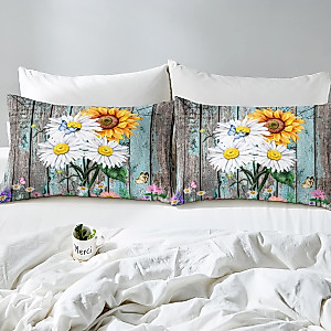 Feelyou Daisy Duvet Cover Bedding Set Sunflower Botanical Floral Butterfly Comforter Cover for Boys Girls Children Teens Bedroom Decor Wooden Bedspread Cover Twin Size with 1 Pillow Case
