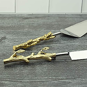 2 Piece leaf (twig) Cake Server Cake Knife and Serving Spatula Set Gold Leaf Design, Stainless Steel and Brass Two Tone Ideal for Weddings, Party's, Elegant Events (Gold)