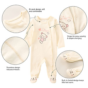 pureborn 2-Pack Baby Girls Footed Pajamas Infant Seamless Long Sleeve Cotton Footies Sleep and Play White + Beige Bear 0-3 Months