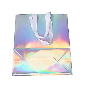 Lidelazon Iridescent Party Bags with Handles (12 Pack) Holographic Silver Foil Gift Bags, Treat Bags, Favor Bags, Party Favors, Favor Gifts for Guests, Thank You Bags, Welcome Bag