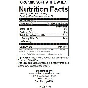 Soft White Wheat Berries 4 Pounds Kernels, USDA Certified Organic, Non-GMO Bulk, Product of USA, Mulberry Lane Farms