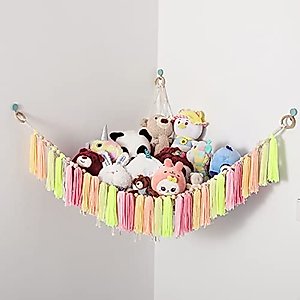 LSEYKRMH Animal Storage Hammock with LED Light, Plush Toy Triangle Hanging Storage Net, Macrame Animal Corner Hanging Net - Hanging Storage Nets Kids Bedroom.