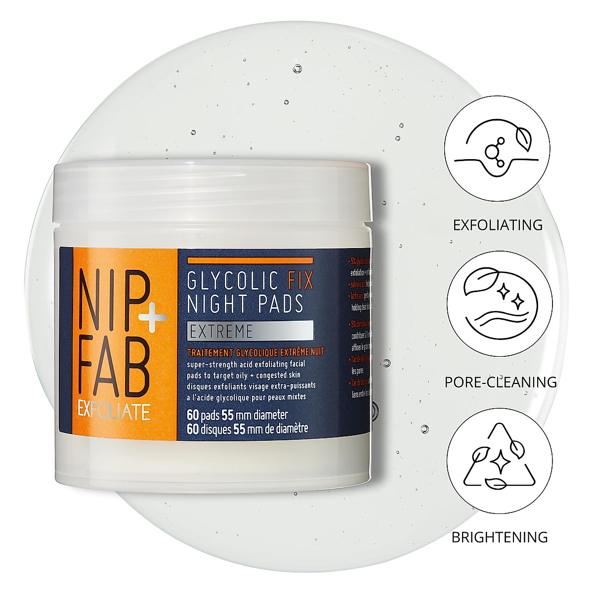 Nip + Fab Glycolic Acid Night Face Pads with Salicylic and Hyaluronic Acid, Exfoliating Resurfacing AHA Facial Pad for Exfoliation Even Skin Tone Blemish Control Pigmentation, 60 Pads, 2.7 Ounce