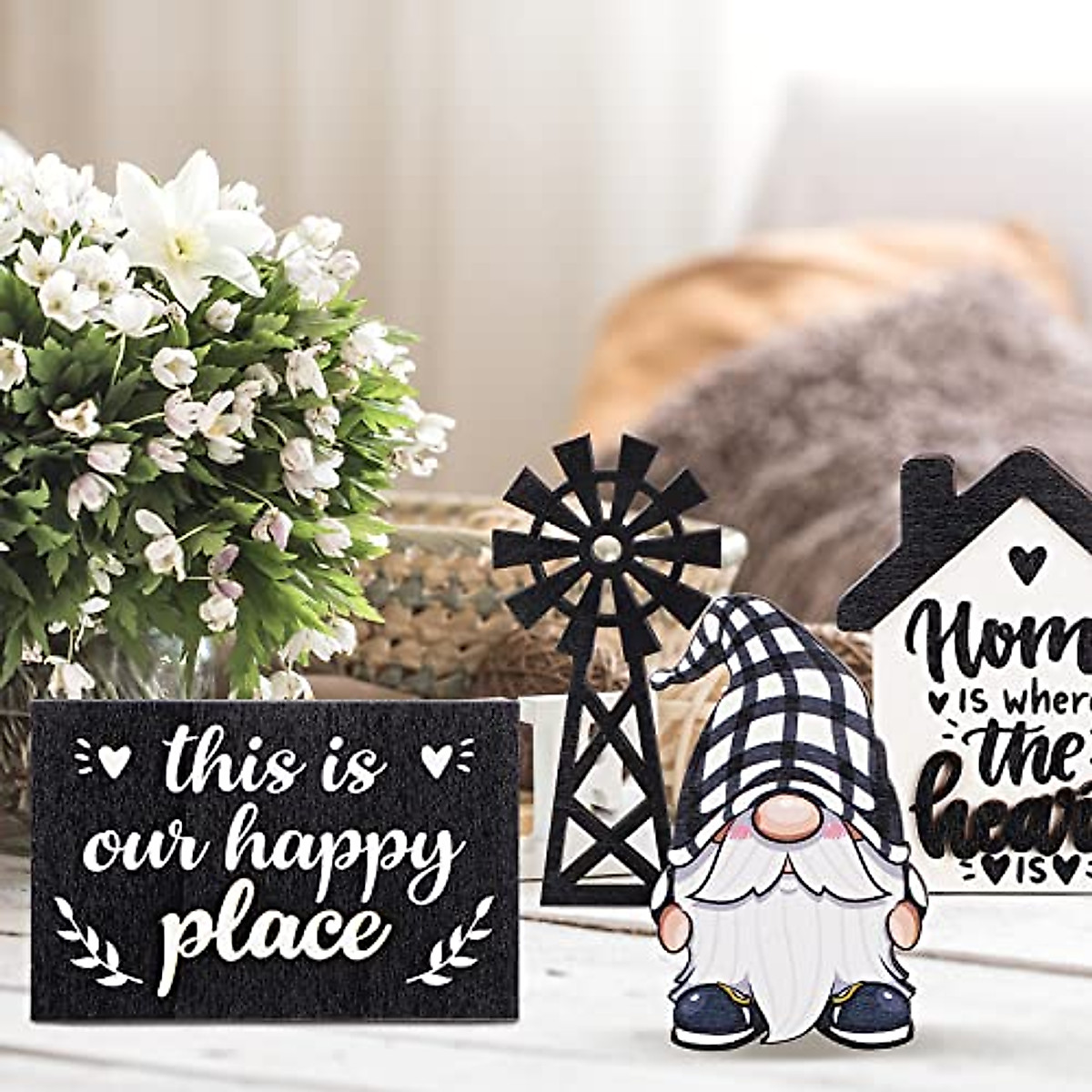 21 Pcs Farmhouse 2 Tiered Tray Wood Tiered Serving Tray Stand with Wooden Decorative Signs and LED Light Rustic Black and White Tiered Tray Decor Home Sweet Home Kitchen Decor for Shelf Table Display