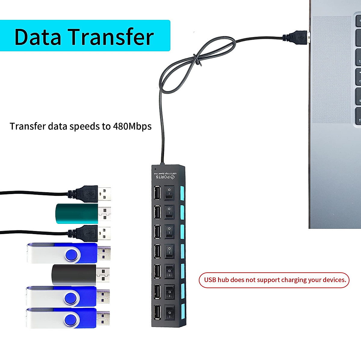 7-Port USB Hub 2.0, USB Hub USB Splitter with Individual Switches for Laptop, Computer, Keyboard and Mouse, USB Devices (Black)