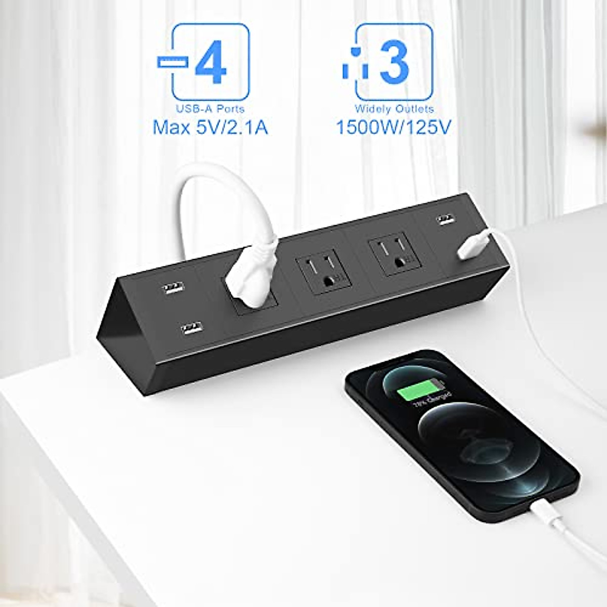 Metal Desk Clamp Power Strip with 4 USB Ports,Desk Edge Power Strip Surge Protector 800J with 3 Widely Spaced Tamper Resistant AC Outlets for Large Plug,6ft Cord,Fit 2 inch Tabletop Edge