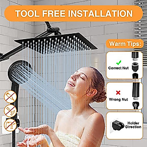Koeka Matte Black High Flow Stainless Steel Shower Hand with Powerful Spray Long Hose, High Pressure 5-Setting Handheld Showerhead, Rainfall Showerhead with Height/Angle, 8 Inch, RF-011