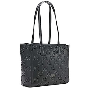 Calvin Klein Noa Top Zip Tote, Black/Gunmetal Twin Brick Embossed