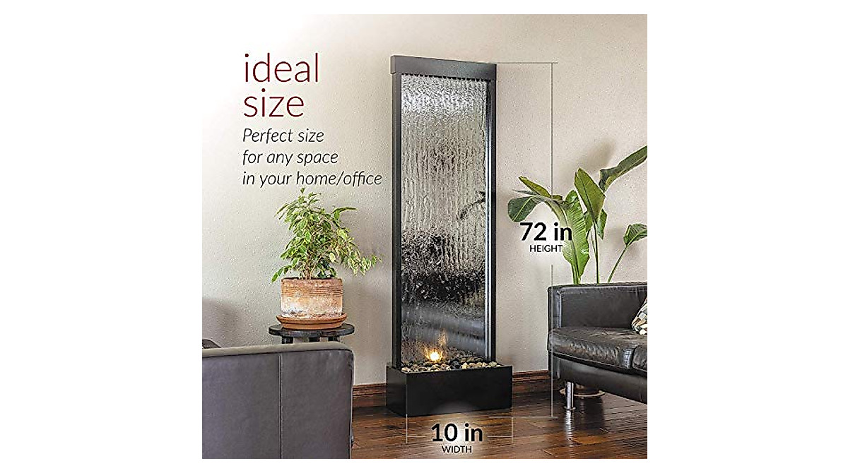 Alpine 72-Inch Silver Mirror Indoor Waterfall Fountain - Relaxing Decor
