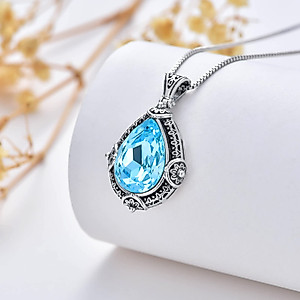 Seiyang 925 Sterling Silver Aquamarine Pendant for Women Filigree Teardrop Necklace Aquamarine Necklaces March Birthstone Necklace Anniversary Birthday Jewelry Gifts for Women Wife Mom Lady Her