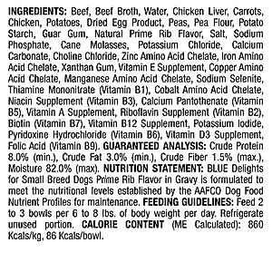 Blue Buffalo Delights Natural Adult Small Breed Wet Dog Food Cup, Prime Rib Flavor in Hearty Gravy 3.5-oz (Pack of 12)