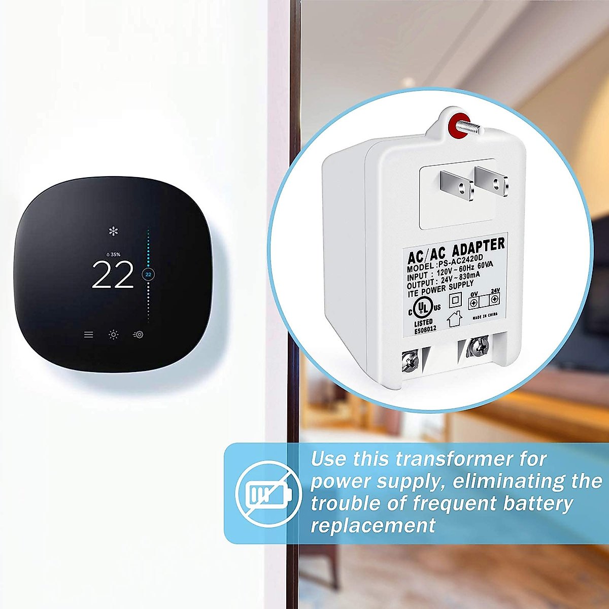 24V 830mA Thermostat and Doorbell Transformer, Wall Transformer with PTC Fuse Compatible with Nest, for Honeywell, Ecobee and Sensi Thermostat, Nest Hello and All of Doorbells