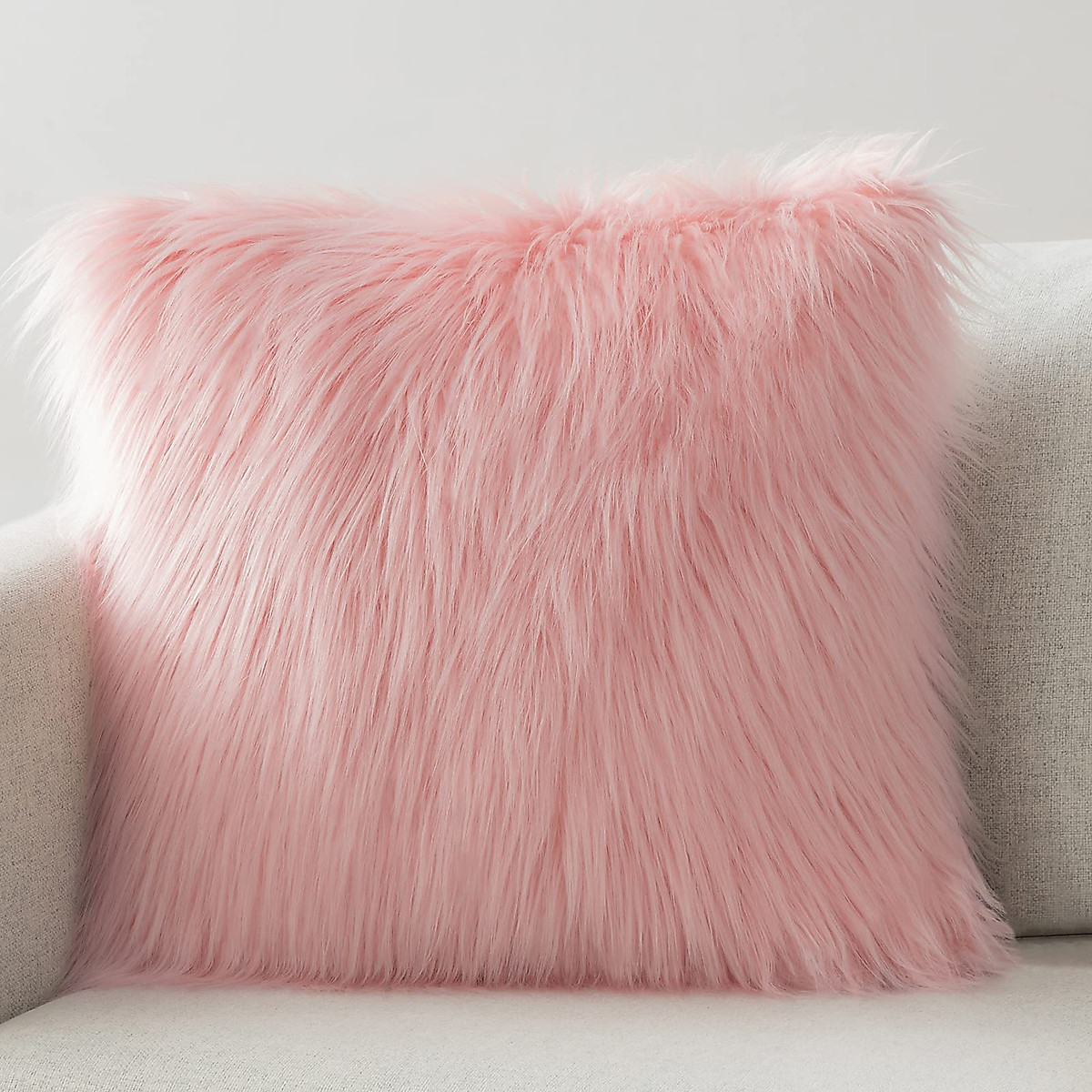Phantoscope Faux Fur Solid Decorative Pillow Cover Fluffy Throw Pillow Mongolian Luxury Fuzzy Pillow Case Cushion Cover for Bedroom and Couch,Pink 18 x 18 Inches