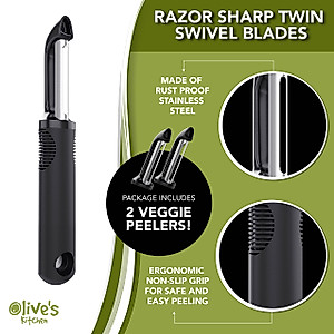 Olive's Kitchen Vegetable Peeler Set – Ergonomic Grip Peelers for Kitchen w/Razor-Sharp Swivel Blades - Stainless Steel Fruit Peeler for Potato, Apple, Carrot, Cucumber - Veggie Peeler (2 Pack)