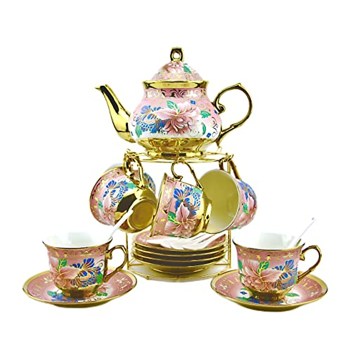 20 Pieces Porcelain Tea Set With Metal Holder, European Ceramic tea set for adults,Flower Tea Set,Tea Set For Women With Flower Painting (Large version, Pink)