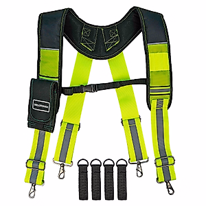 MELOTOUGH Reflective Safety Suspenders Tool Belt Suspenders Construction Work Suspenders with detachable phone holder comfortable foam shoulder padder (Lime)