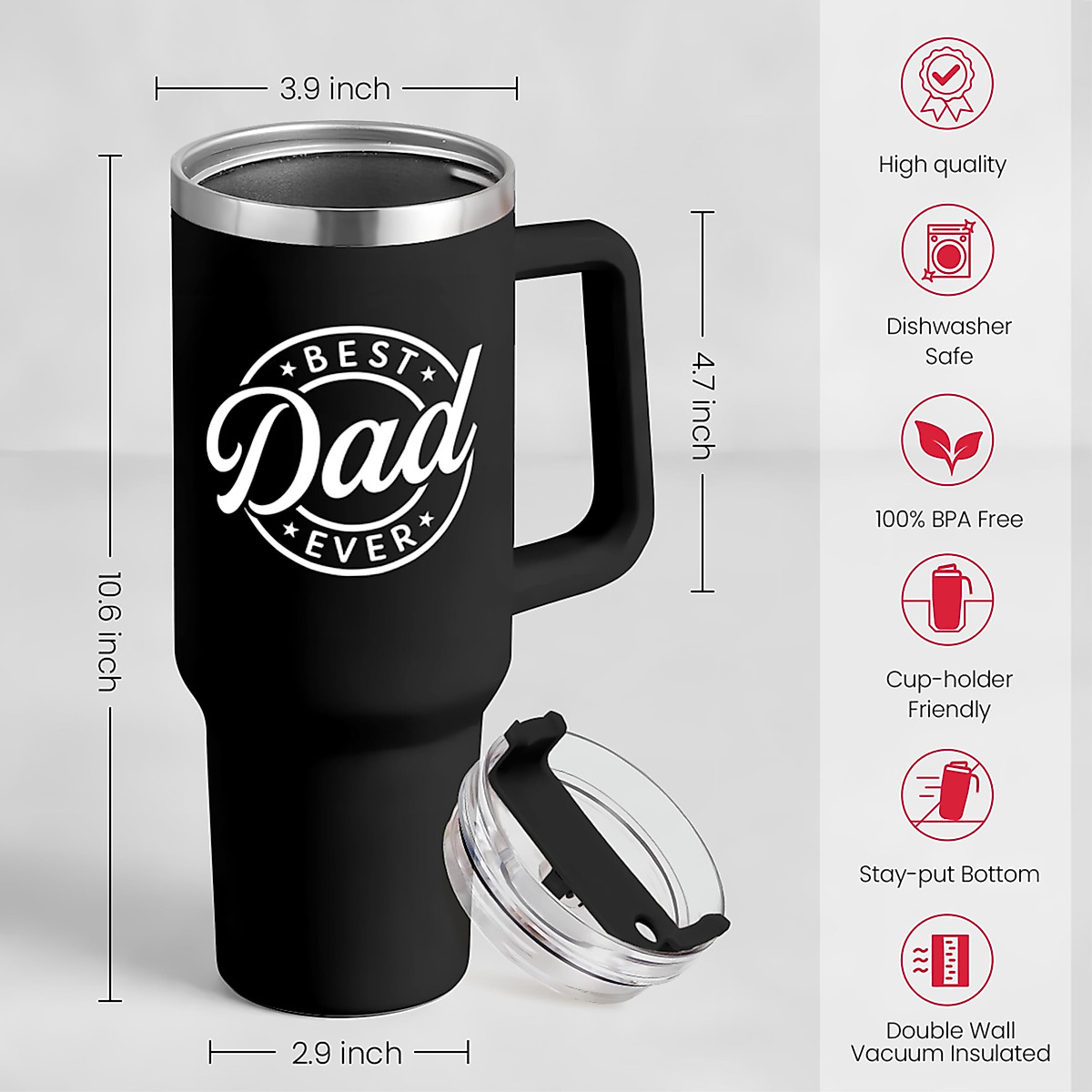 SANDJEST Best Dad Ever Tumbler with Handle - 40oz Stainless Steel Insulated - Dad Gifts for Daughter & Son - Coffee Tumbler for Father's Day, Birthday, Christmas - Cup Gift Set with Lid & Straw