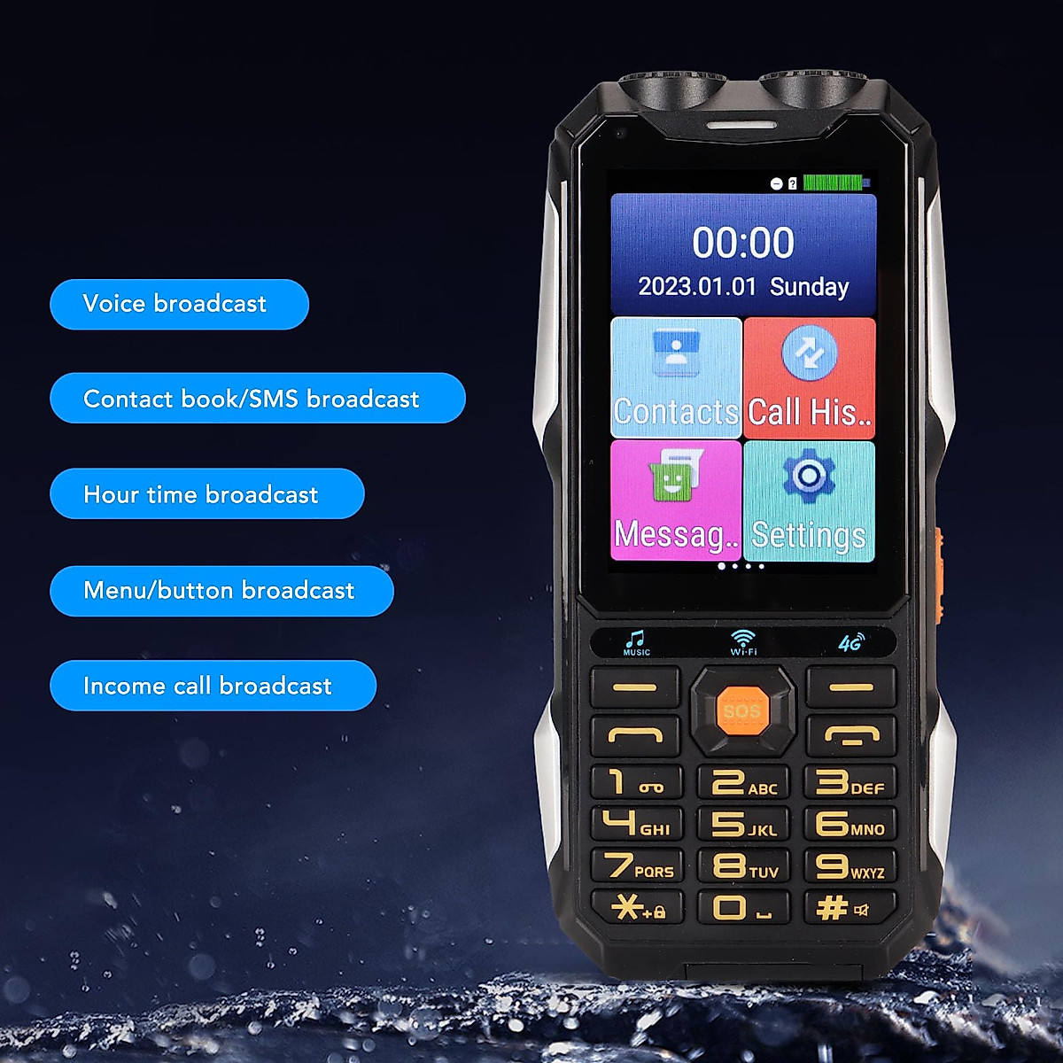 Cuifati Senior 4G Cellphone, 4in Large 18000mAh Battery Night Lighting Sound Easy Speed Dialing Rugged Phone for Android 7.0 (Black)