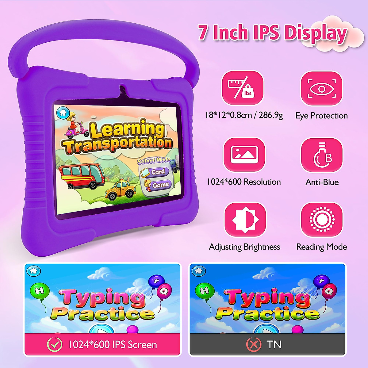 Veidoo Kids Tablet, 7 inch Android Tablet PC, 2GB RAM 32GB ROM, Safety Eye Protection Screen, WiFi, Dual Camera, Games, Parental Control APP, Tablet with Silicone Case(Purple)