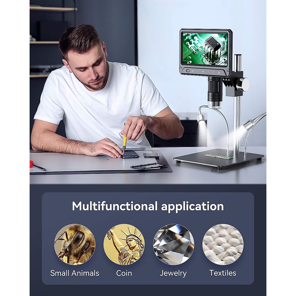 7" LCD Digital Microscope, Coin Microscope with 12MP Camera 10-1200X, 1080P Video/Photo, SKYEAR USB Microscope for Windows/MacOS, 2 Fill Lights, Wireless Remote, Microscope for Adults
