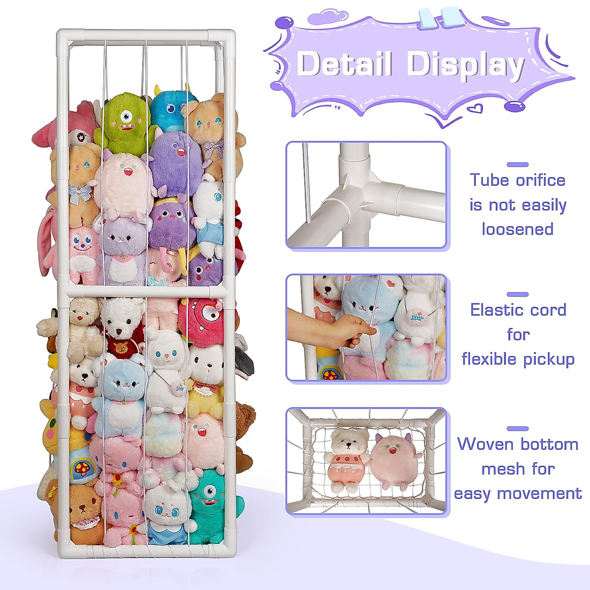 Trycooling Stuffed Animal Storage Zoo Stuffed Animal Holder Space Save Vertical Stuffed Animals Storage PVC with Elastic Band and Net for Playroom Bedroom Nursery (White 1)