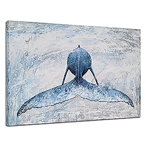 SYGALLERIER Coastal Canvas Wall Art - Blue and White Whale Paintings - Modern Abstract Tropical Fish Pictures with Textured for Bathroom Bedroom Living Room Decor