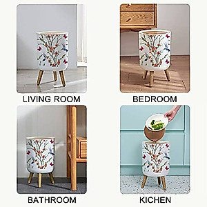 Small Trash Can with Lid Seamless Floral with Hand Drawn Hummingbirds Tropical Japanese Flowers Round Recycle Bin Press Top Dog Proof Wastebasket for Kitchen Bathroom Bedroom Office 7L/1.8 Gallon