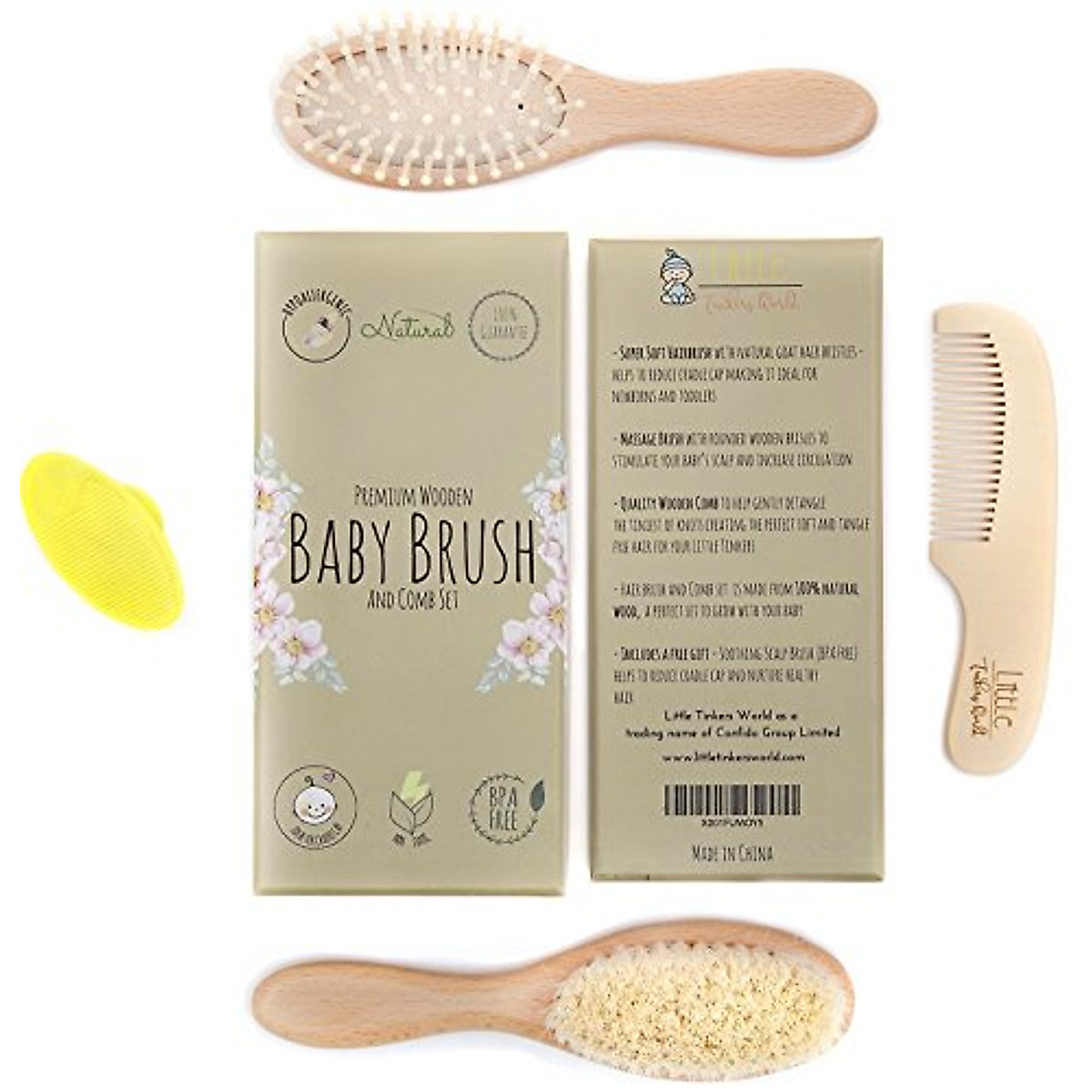 Wooden Baby Hair Brush and Comb Set (4-Piece) for Newborns and Toddlers | Ideal for Baby Cradle Cap | Wood Bristles Baby Brush | Baby Massage and Scalp Brush | Perfect for Baby Registry Gift Set