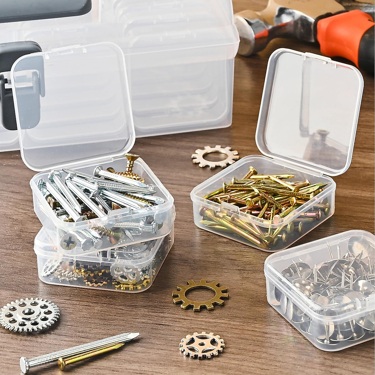 Jutieuo 15 Pieces Small Clear Plastic Beads Storage Containers Box with Hinged Lid - 1 Pack Large Organizer Box - Small Items Crafts Jewelry Storage Boxes with Labels