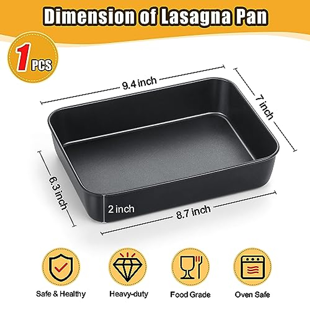 TeamFar Lasagna Pan, 9.4 x 7 x 2 Inch Stainless Steel Deep Baking Roasting Brownie Pan for Toaster Oven, Black Non-Stick Coating Rectangle Cake Pan, Healthy & Durable, Smooth Surface & Easy Clean