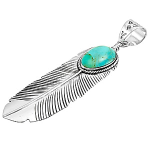 Turquoise Feather Pendant Necklace in Sterling Silver 925 & Genuine Turquoise (20" Length) (Large Turquoise)