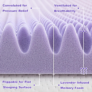 NAP&SLEEP Lavender Infused Dual-Sided Mattress Topper - Available in Twin, Full, Queen, King Sizes, 2" or 3" Thickness, Made in USA, Convoluted & Flat Foam, Compressed & Roll Packed (King, 3" Inch)