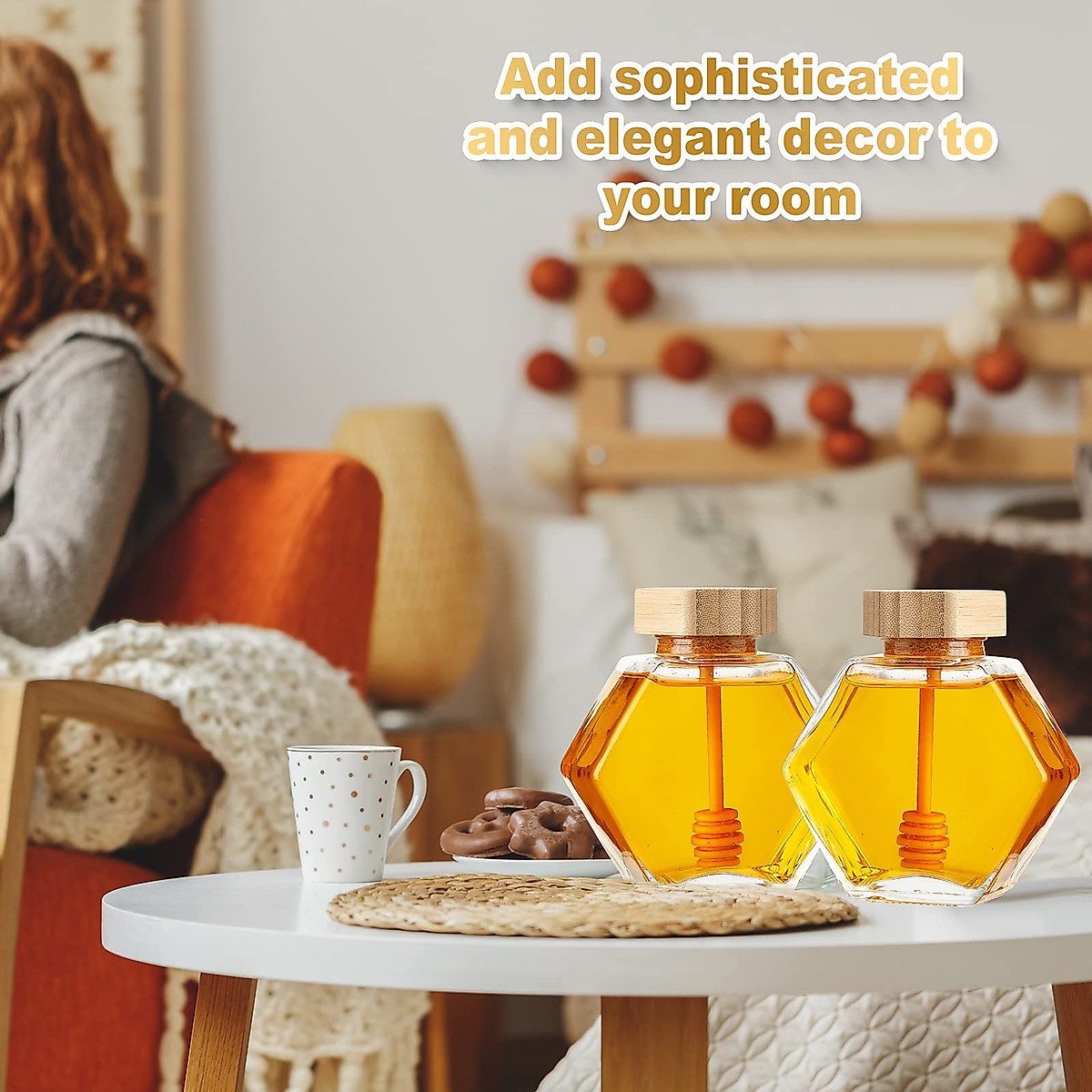 Sunnyray 8 Pcs 220 ml Glass Honey Jars with Dipper Hexagonal Honey Pot Jars Clear Glass Honey Dispenser Small Honey Containers Honey Bottle with Wooden Dipper and Cork Lid for Home Storage Kitchen